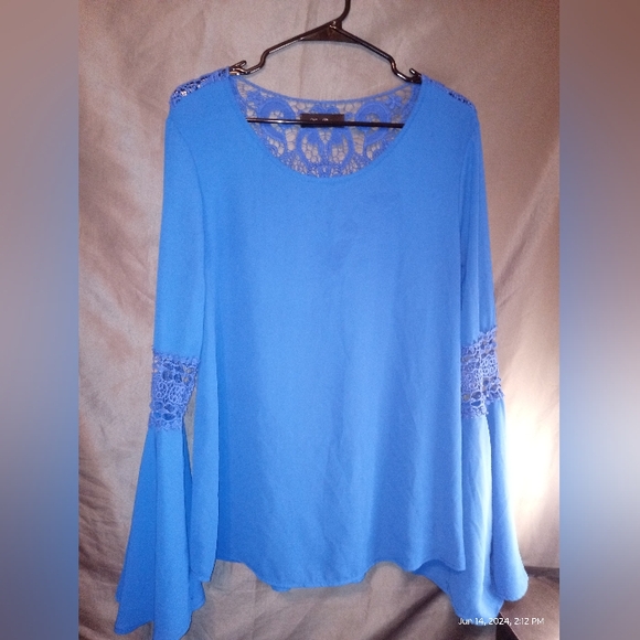 Anna Grace | Tops | Anna Grace Classy Blue Lace Silk Top With Flared ...